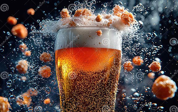 Close Up of a Beer Glass with Foam and Popcorn Exploding Stock Photo - Image of restaurant ...