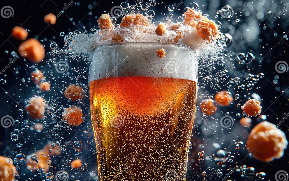 Close Up of a Beer Glass with Foam and Popcorn Exploding Stock Photo ...