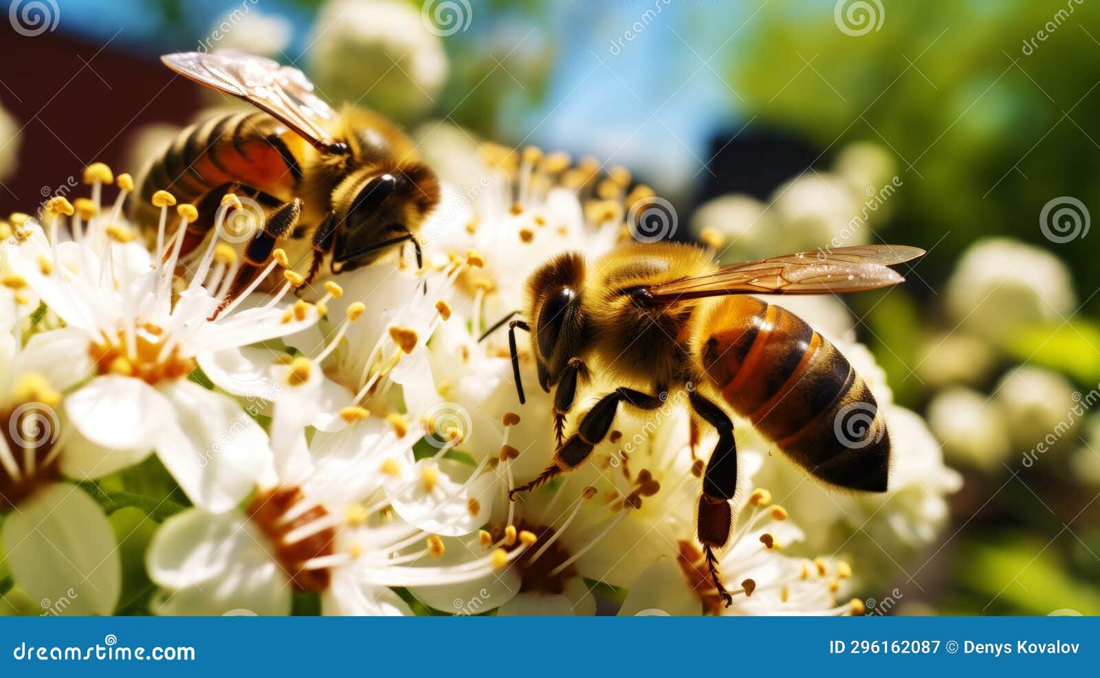 Close-up of Bees Collecting Nectar on Blooming Flowers. the Work of ...