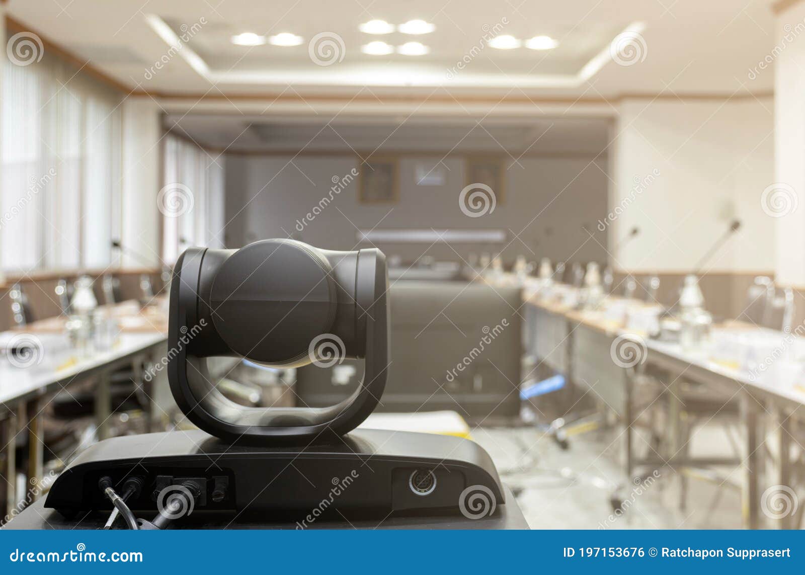 Close Up Behind Camera Video Conferencing in Meeting Room Stock Photo ...