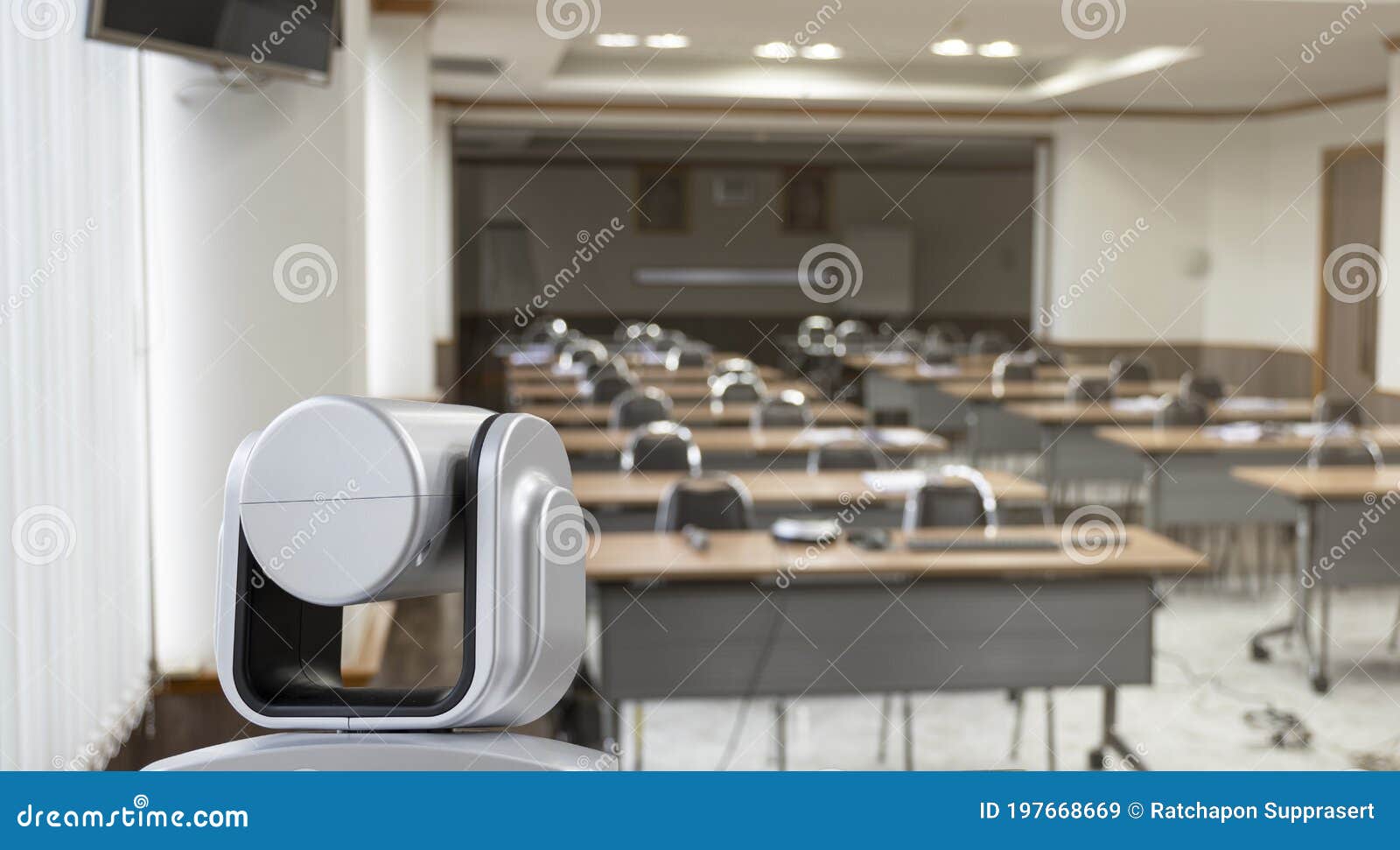 Close Up Behind Camera Video Conferencing in Online Seminar Room Stock ...