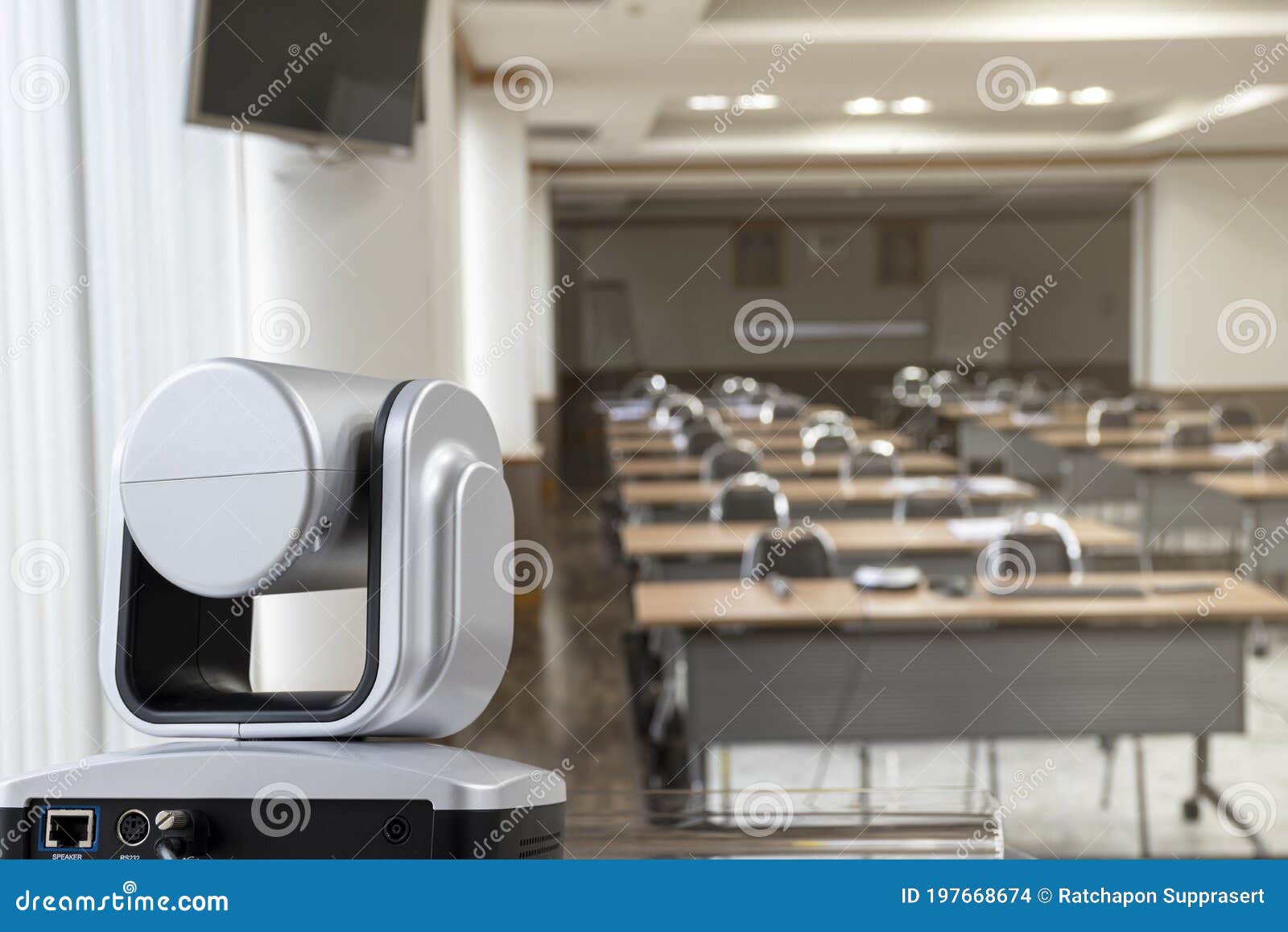 Close Up Behind Camera Video Conferencing in Online Seminar Room Stock ...