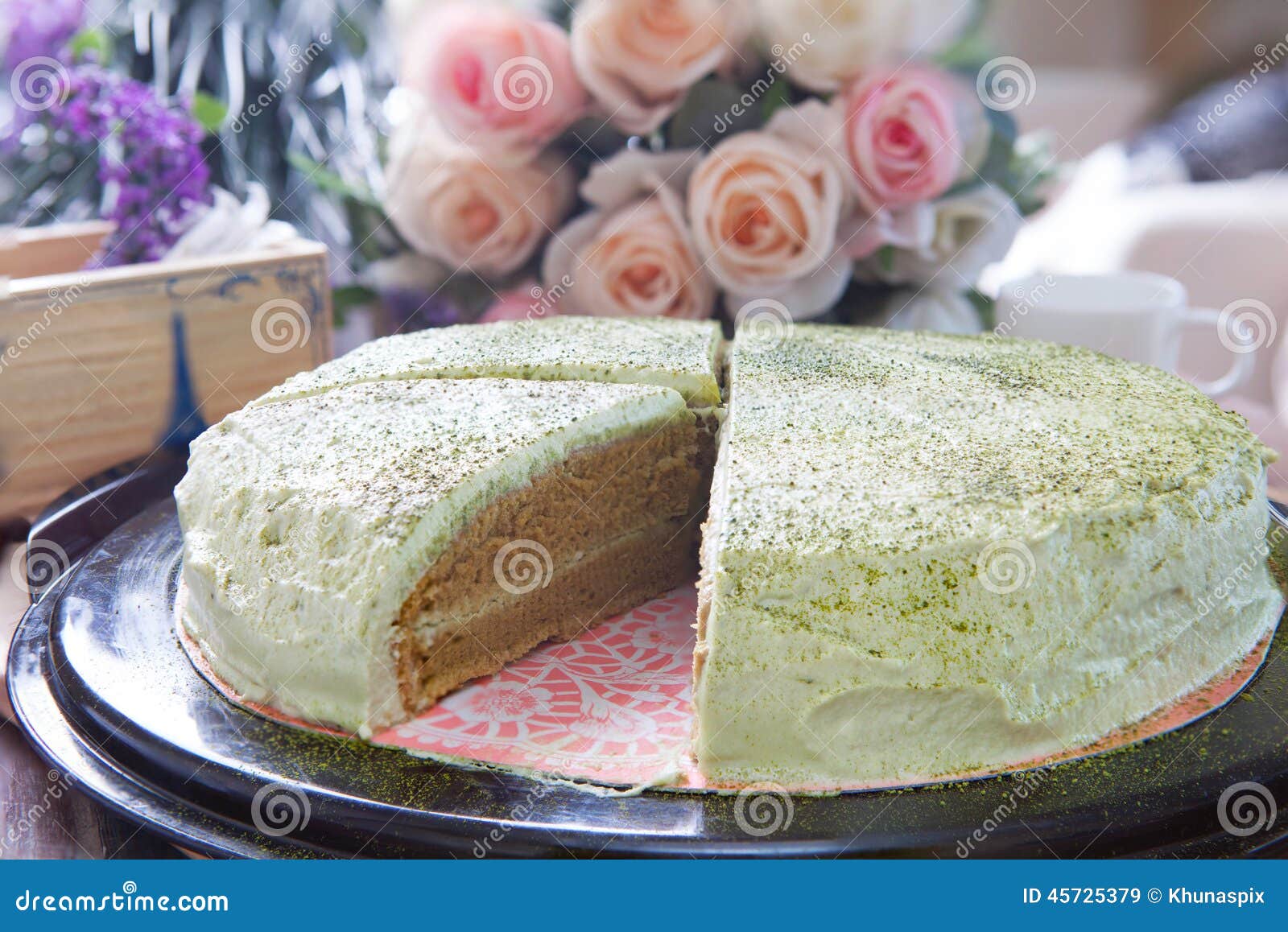 Close Up Big Pound of Green Tea Cake Sliced on Table Top Stock Image ...
