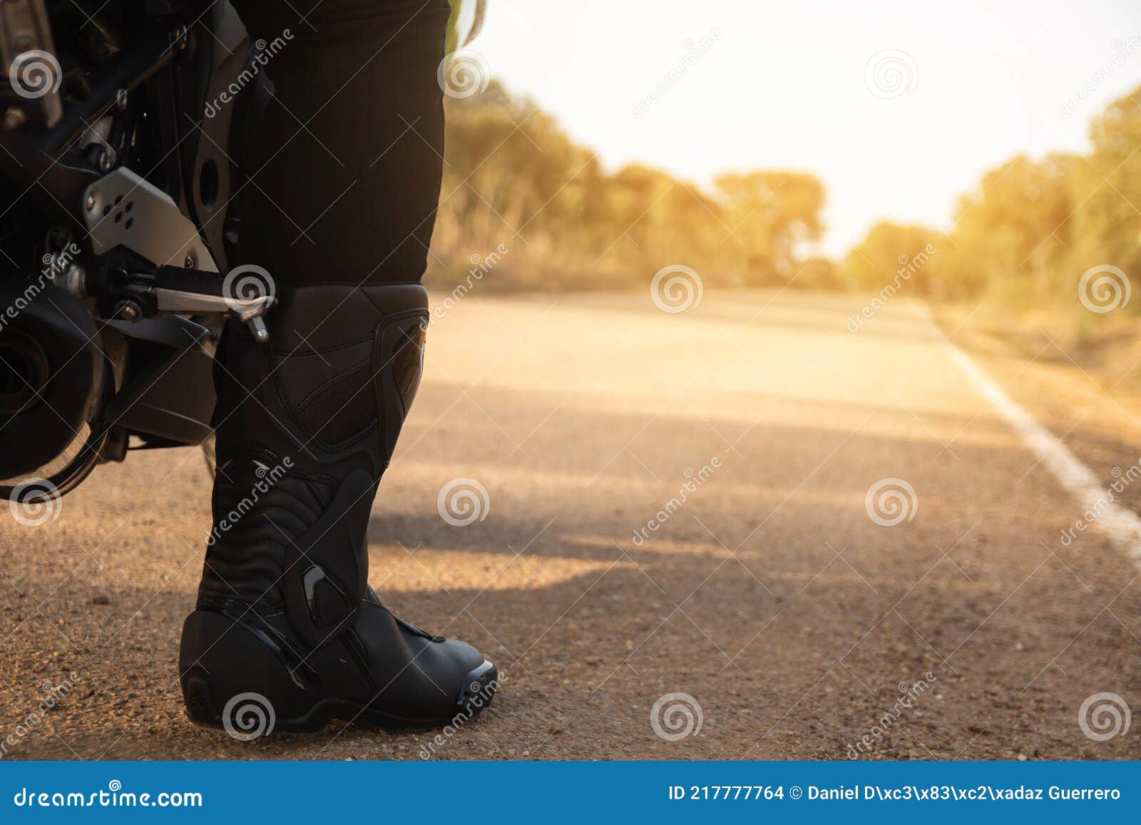 Close-up of a Biker`s Boot on the Road. Concept Road Safety and ...