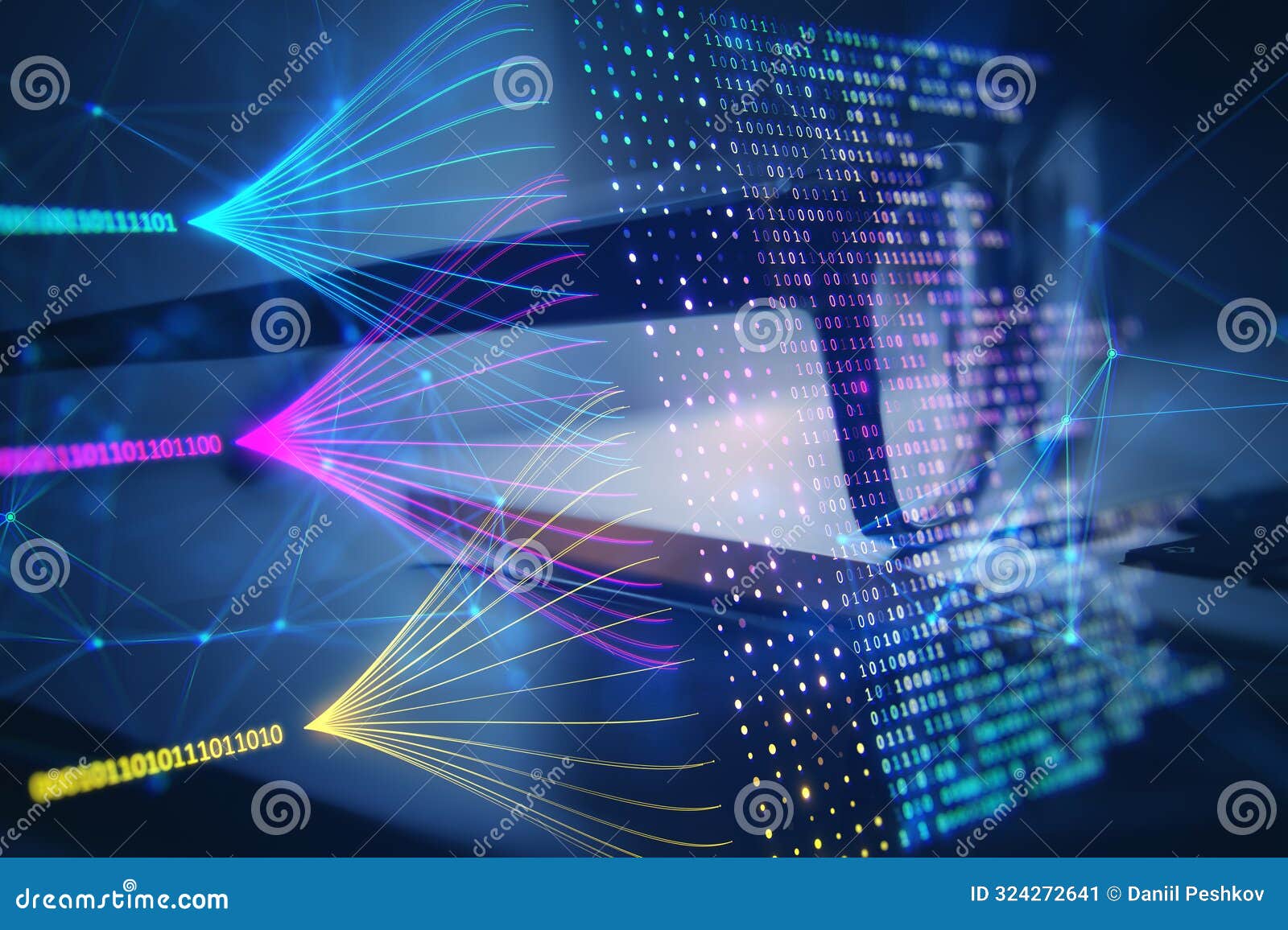 Close-up of Binary Code and Fiber Optic Cables with Dynamic Light ...