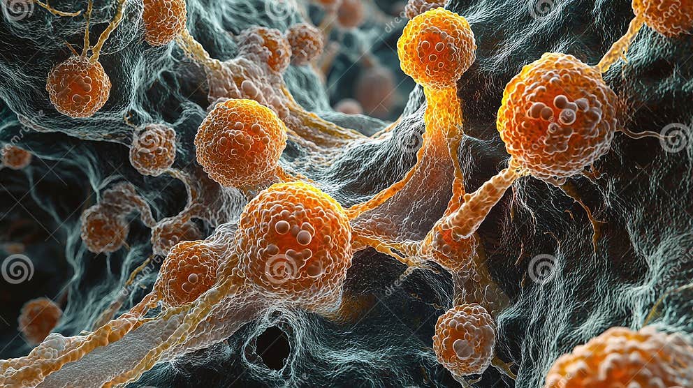 Close Up of a Biological Cell with Orange Colored Structures and ...