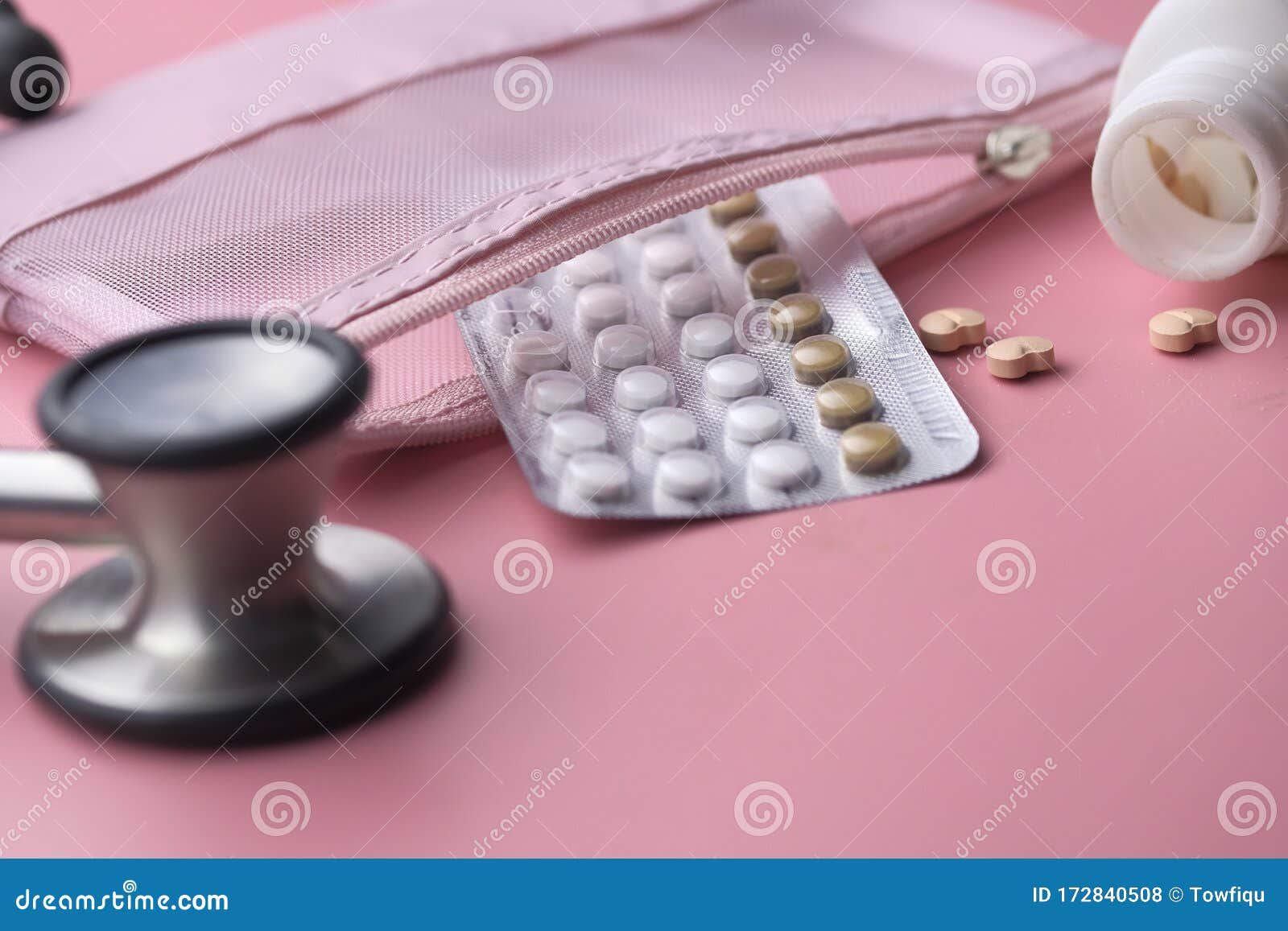 Close Up of Birth Control Pills and Stethoscope on Table Stock Photo ...