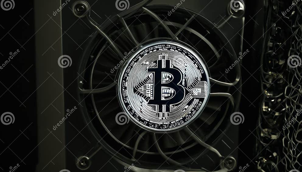 Close-up of Bitcoin Logo on a Computer Fan in Dark Lighting Stock Photo ...