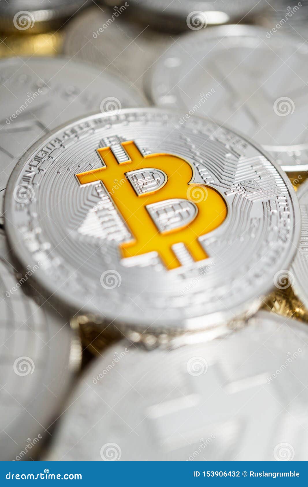 Close-up of Bitcoin Physical Coin on Stack of Many Other ...
