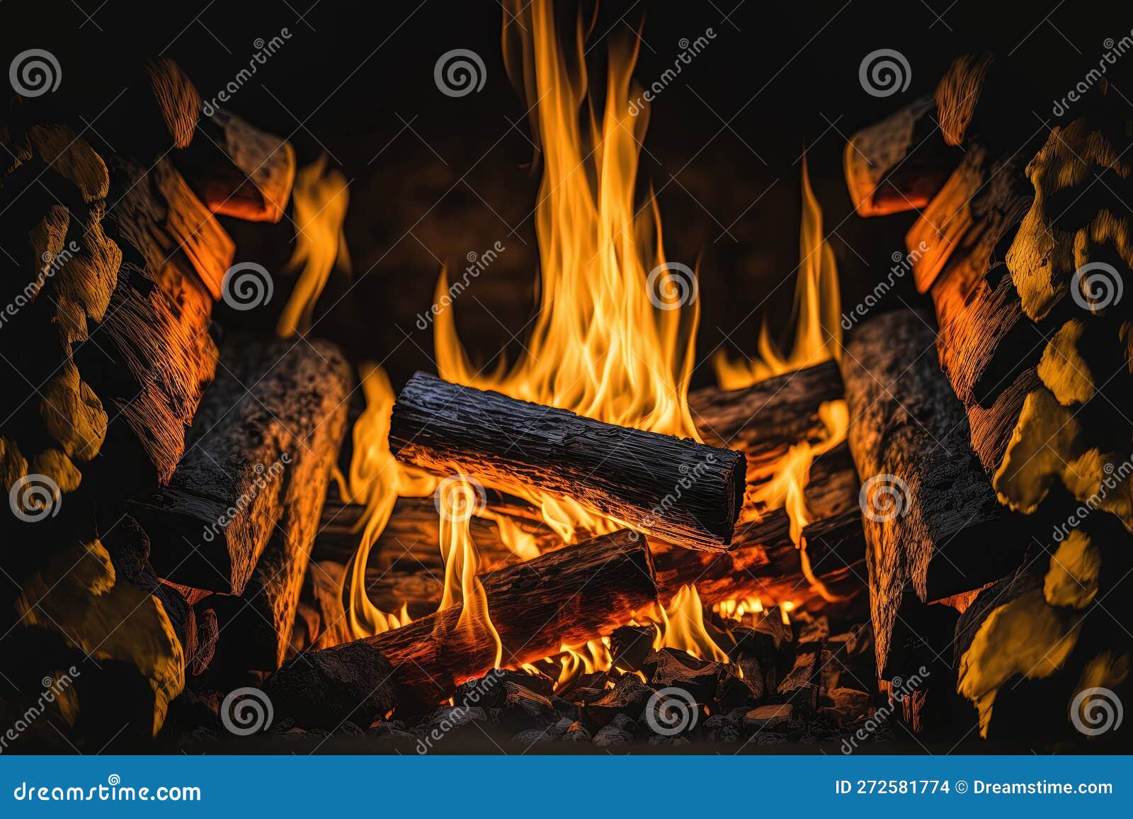 Close-up of a Black-backed Outdoor Fireplace with a Large Yellow Flame ...