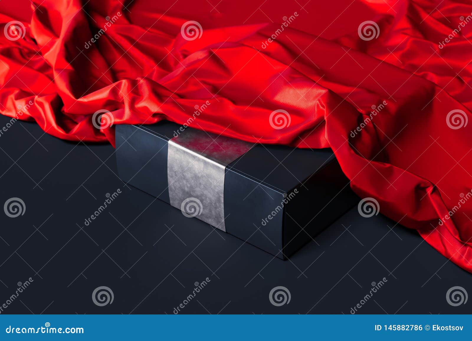 Close Up of Black Blank Box Under Red Cloth on Black Background. 3d ...