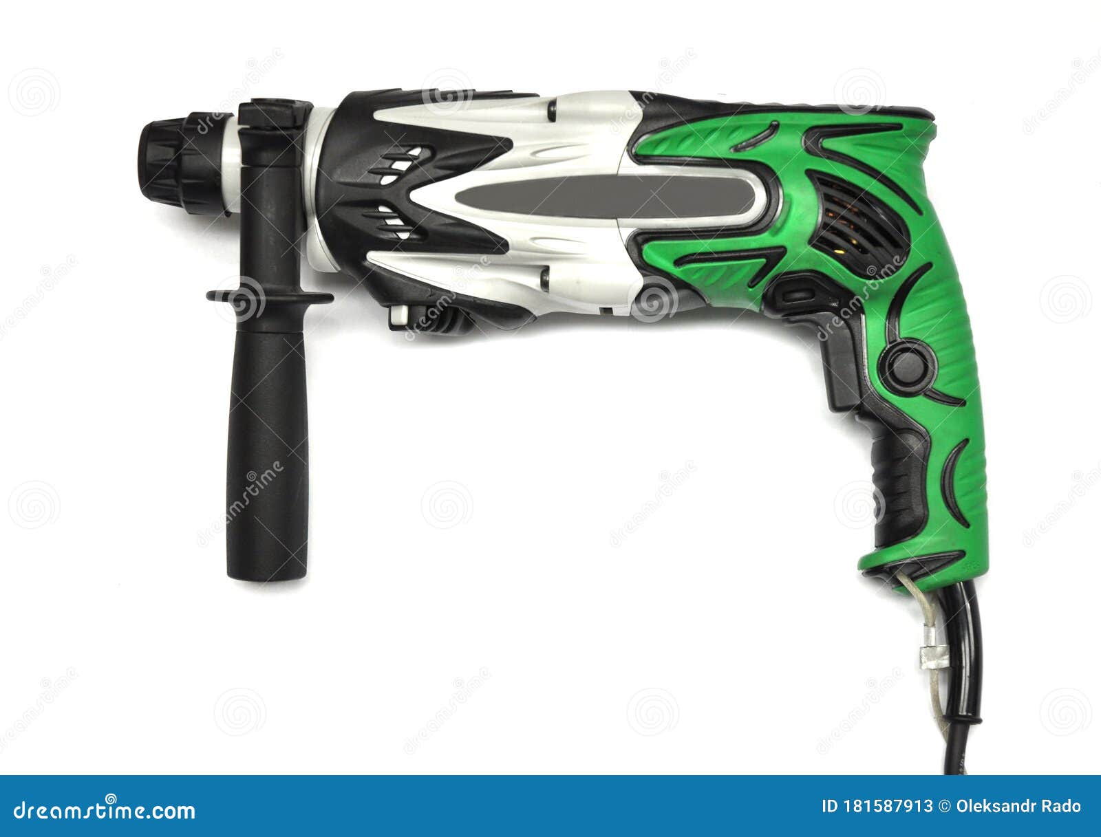 A Close-up on a Black and Green Powerful Electric Rotary Hammer Drill ...