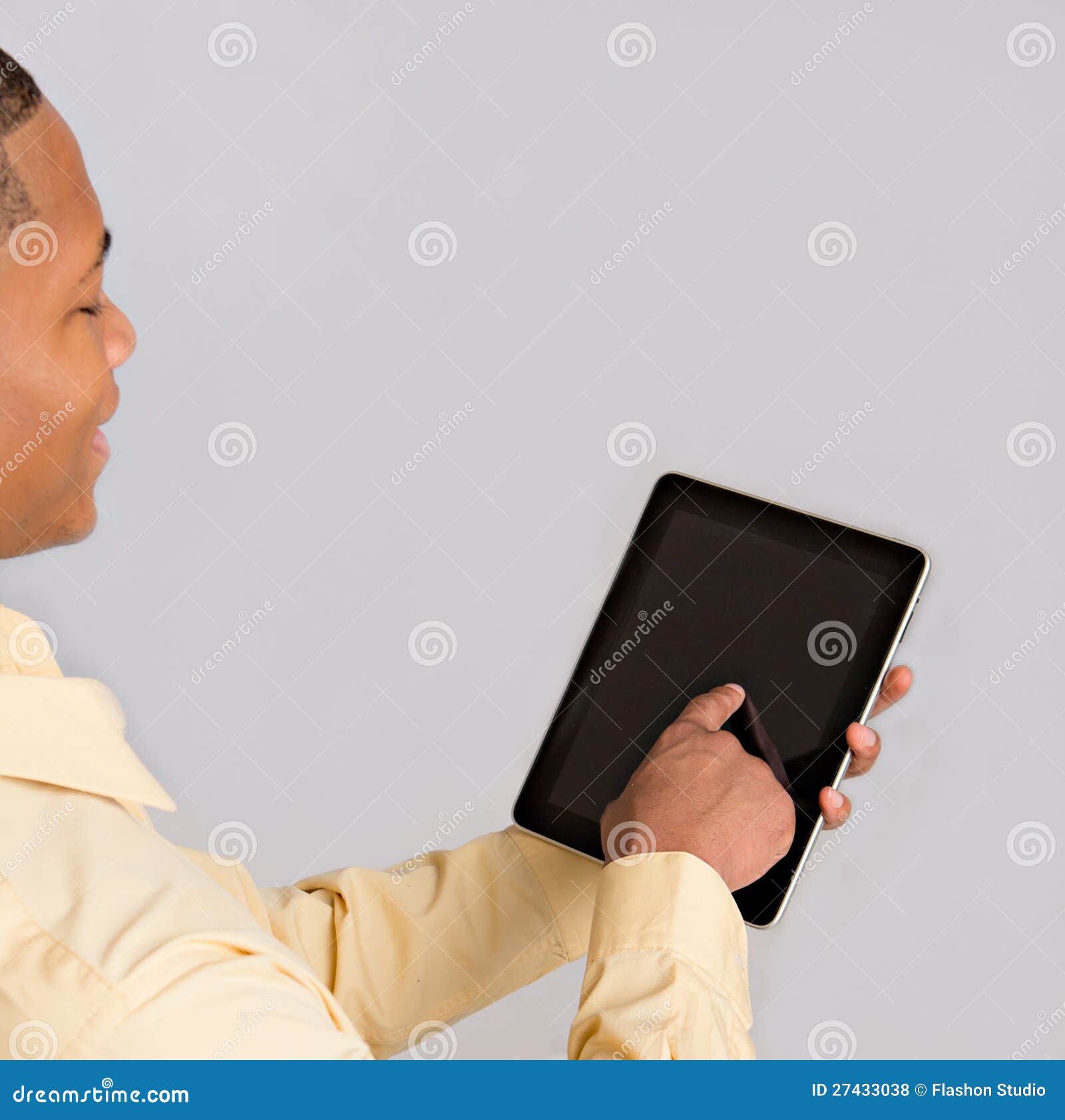 Close Up of Black Man Hand Pointing To Tablet PC Stock Photo - Image of ...