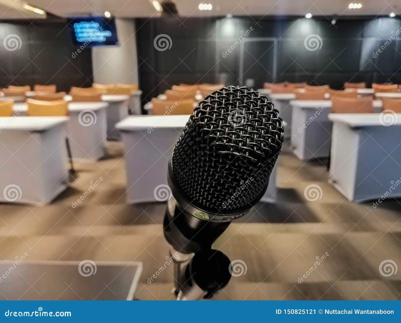 Close Up of Black Microphone is Located in Front of the Meeting Room ...