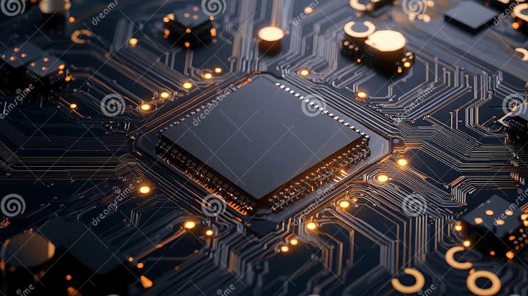 Close-up of a Black Microprocessor Chip on a Circuit Board, Illuminated ...