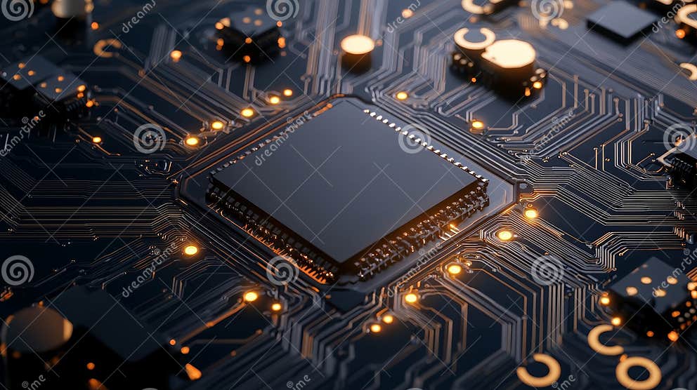 Close-up of a Black Microprocessor Chip on a Circuit Board, Illuminated ...