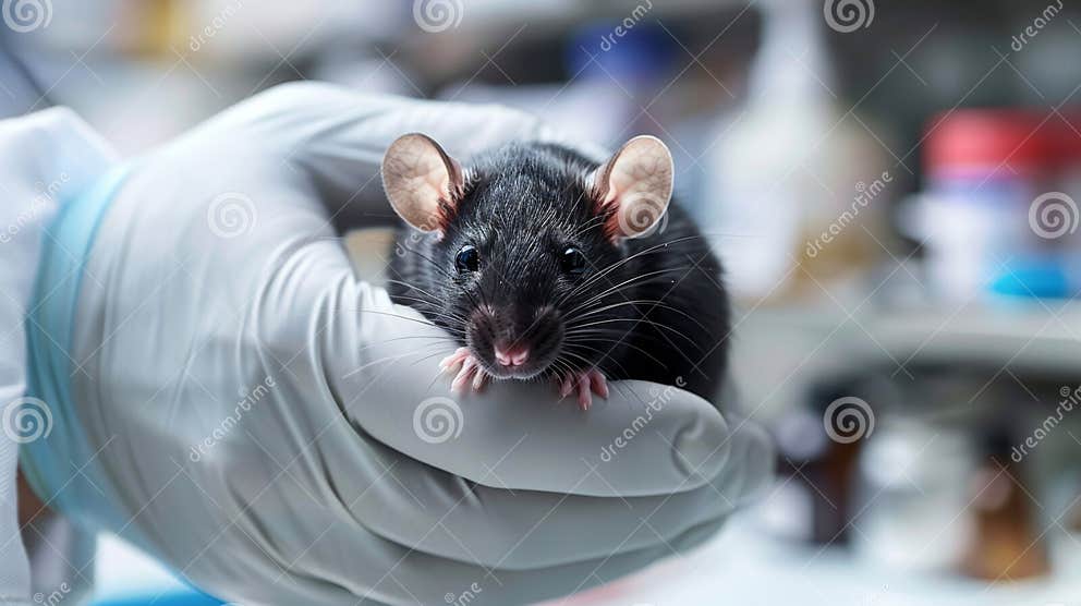 Close-up of a Black Rat Held in Gloved Hands in a Laboratory Setting ...
