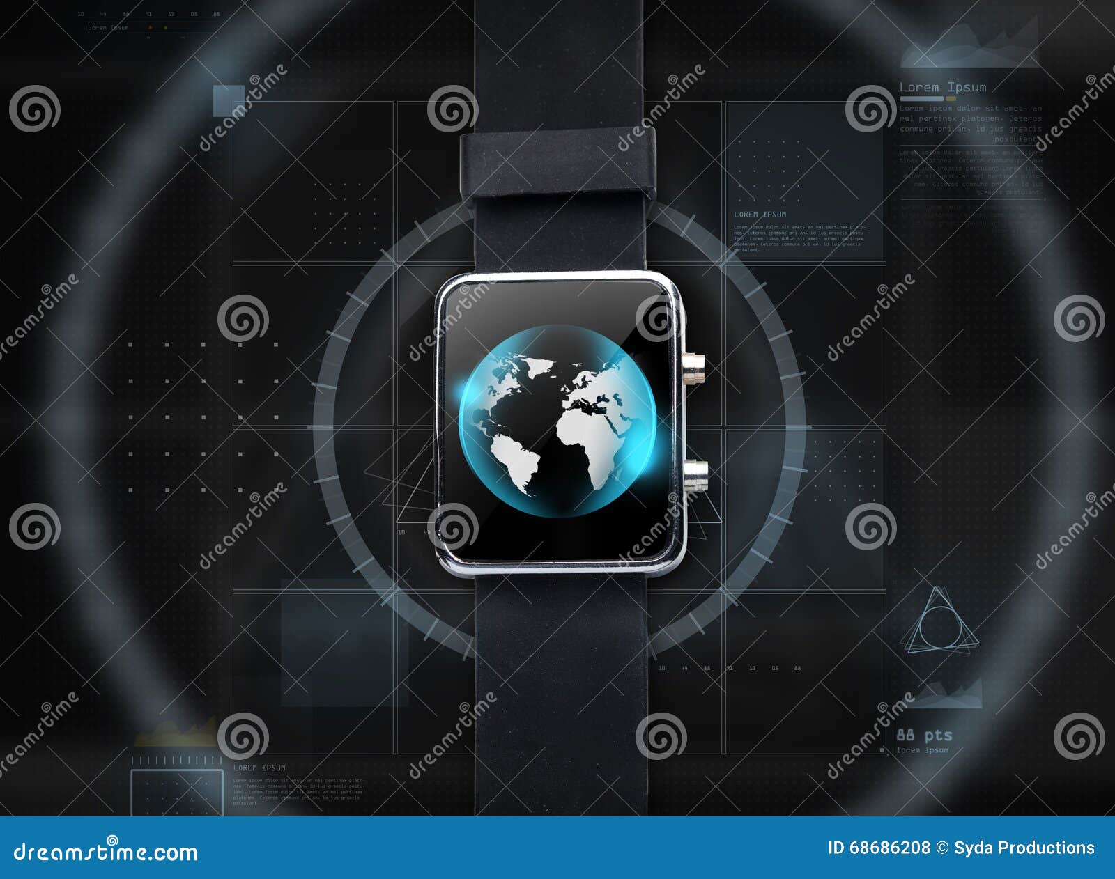 Close Up of Black Smart Watch with World Globe Stock Illustration ...