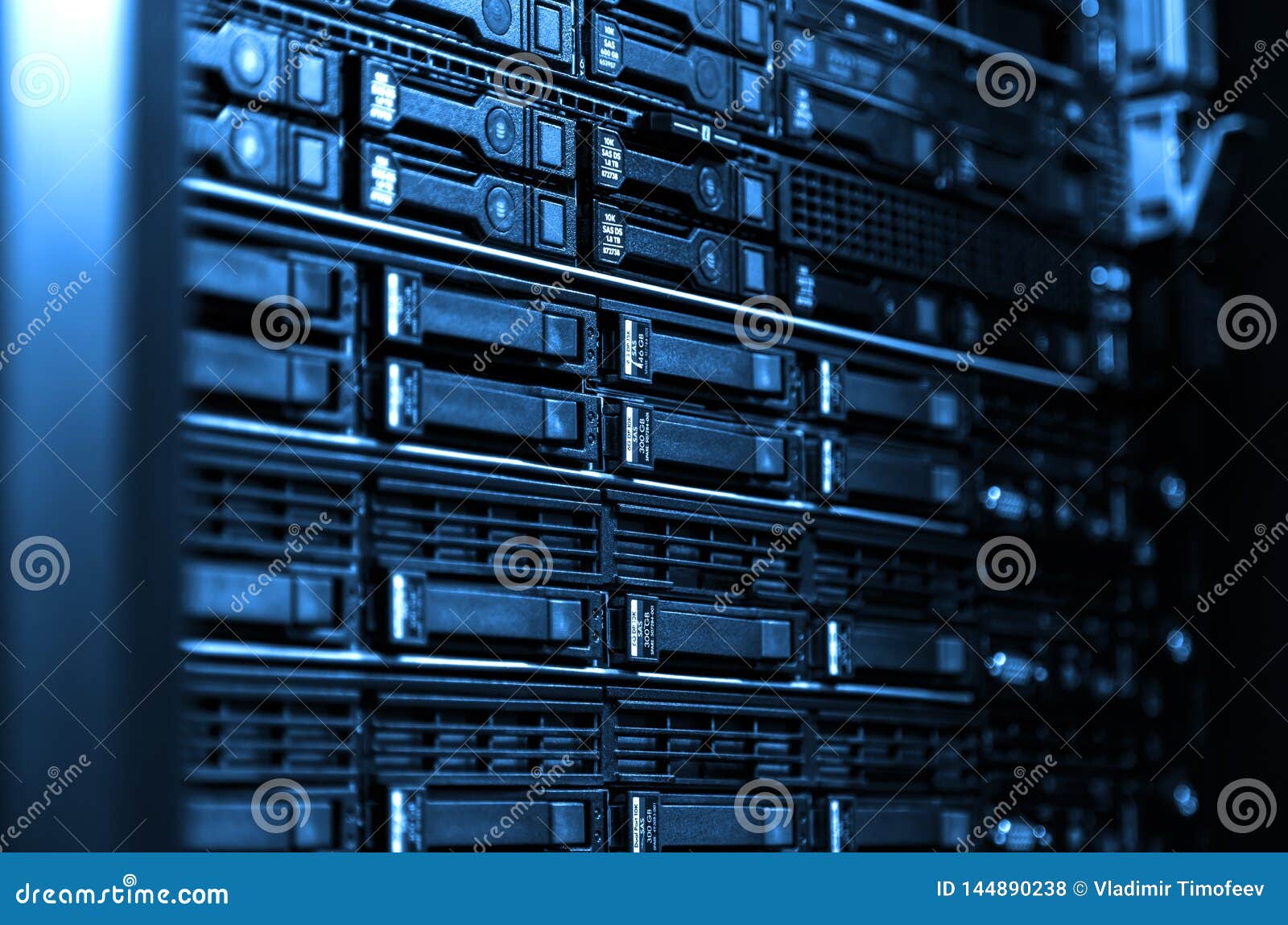 Close Up Blade Server Equipment Rack in Big Data Center with Blurred ...