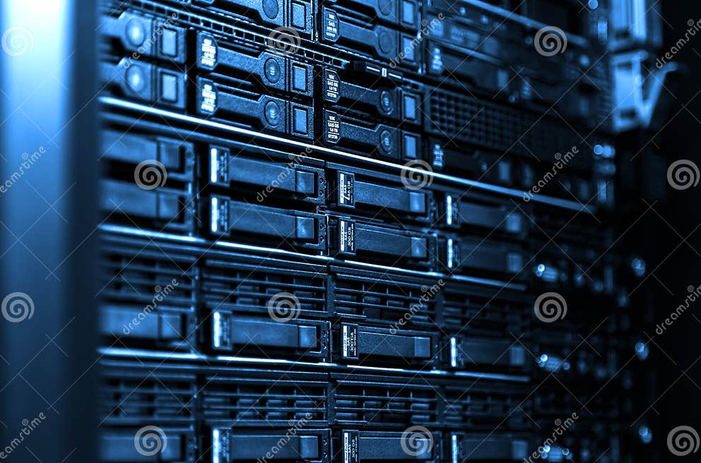 Close Up Blade Server Equipment Rack in Big Data Center with Blurred ...
