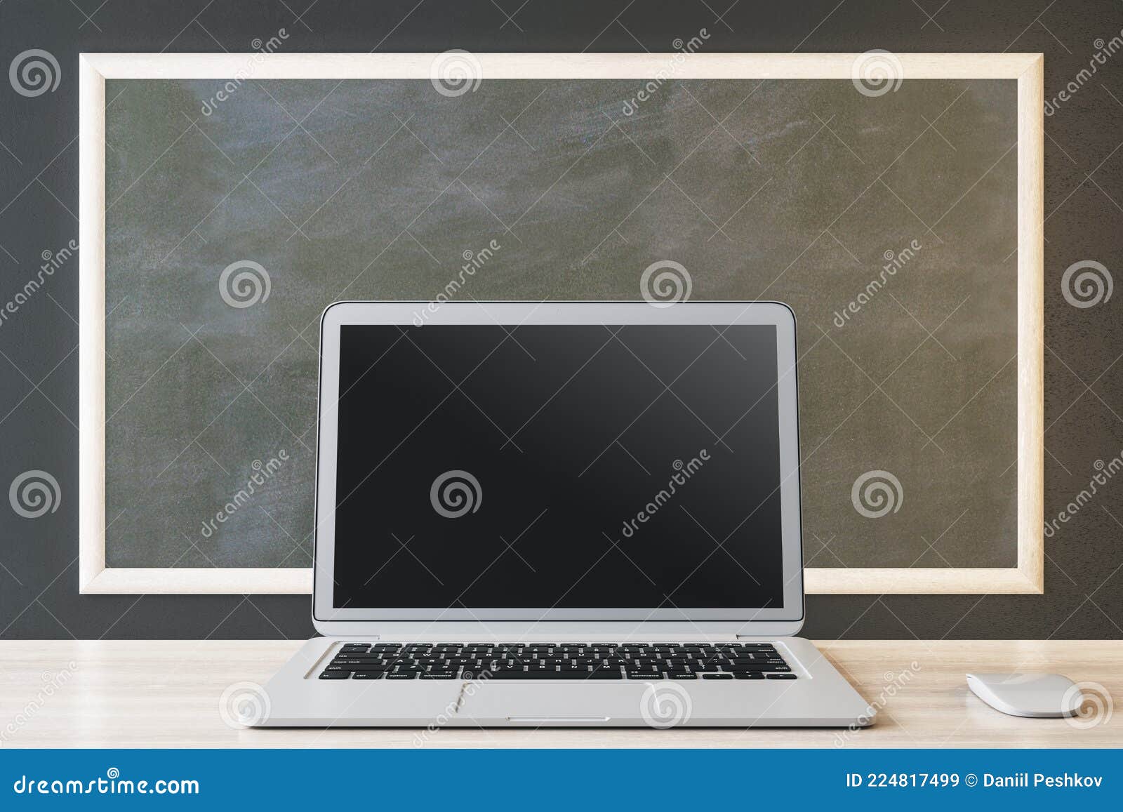 Close Up of Blank Black Laptop and Mouse on Chalkboard Background ...