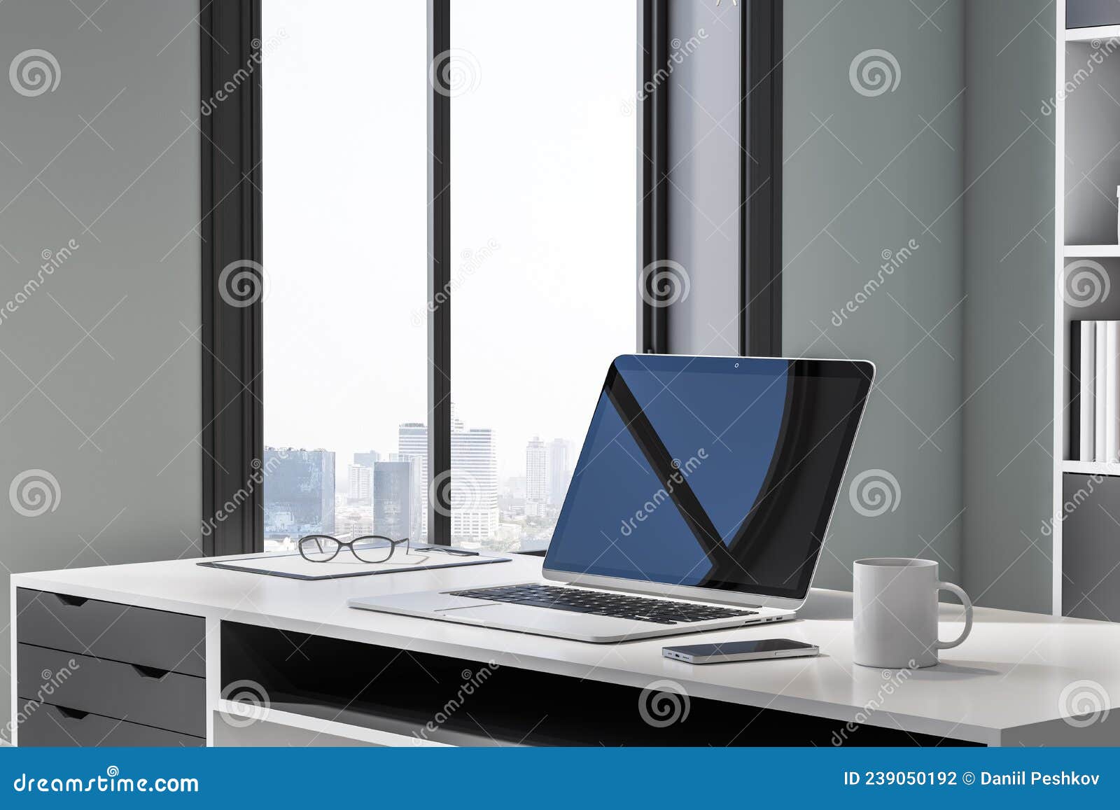 Close Up of Blank Laptop with Reflections on Office Desktop with Coffee ...