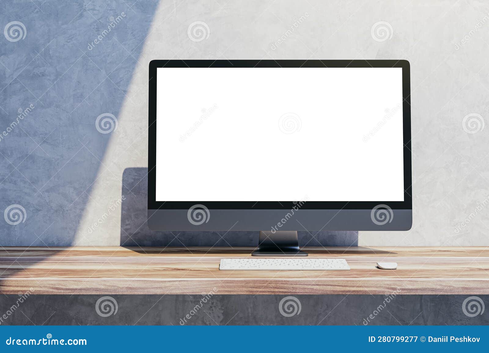 Close Up of Blank Mock Up Computer Screen on Wooden Desktop and ...