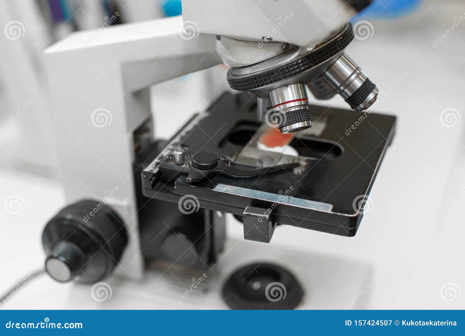Close Up Blood Sample on Glass in Microscope Stock Image - Image of ...