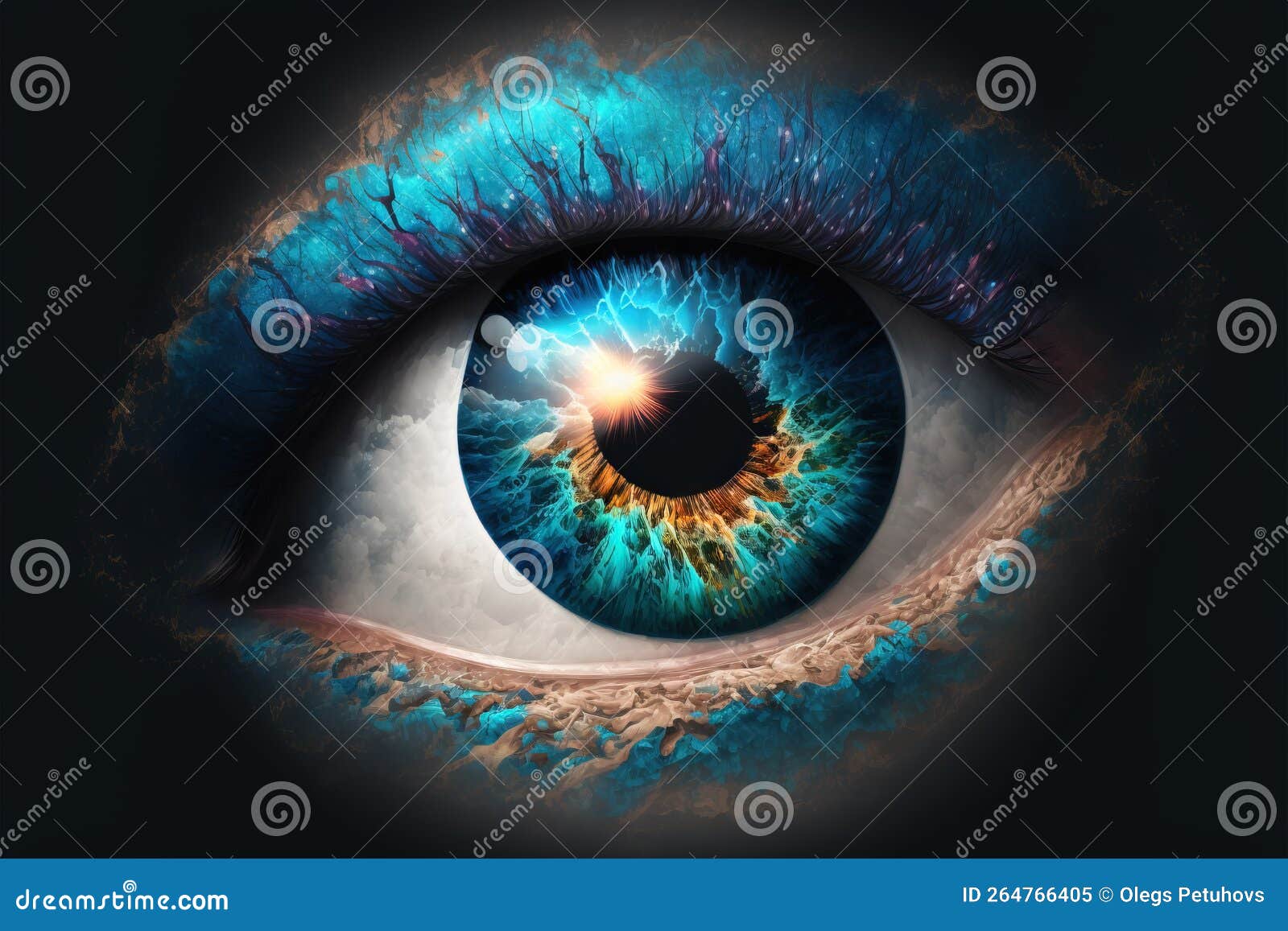 A Close Up of a Blue Eye with Clouds in the Background and a Bright ...