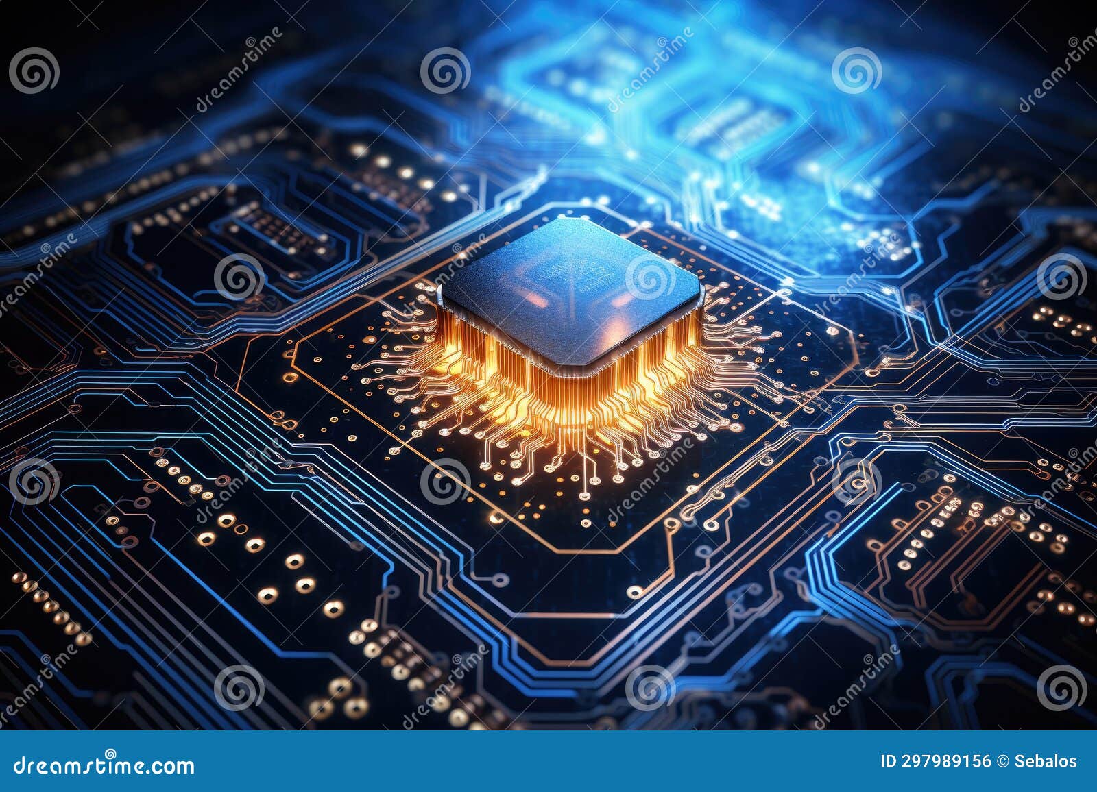 Close-up of a Blue Microchip with Gold Connectors on a Black Circuit ...