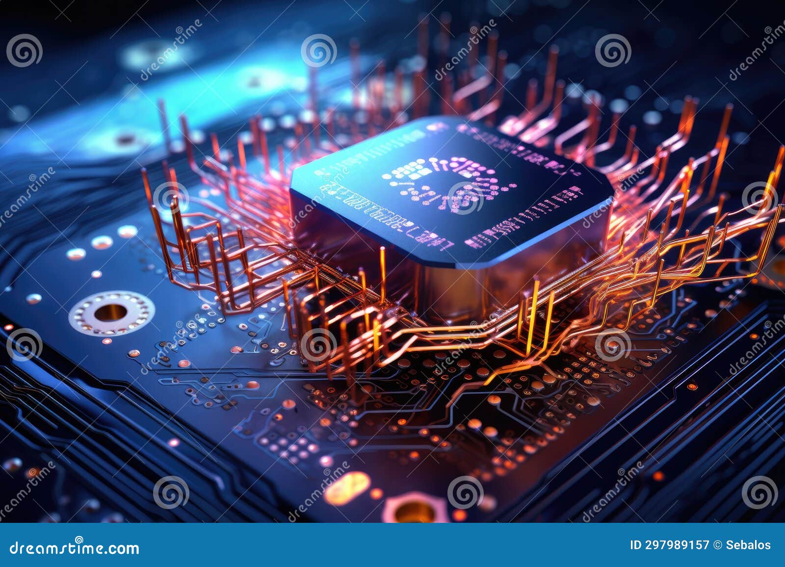 Close-up of a Blue Microchip with Gold Connectors on a Black Circuit ...