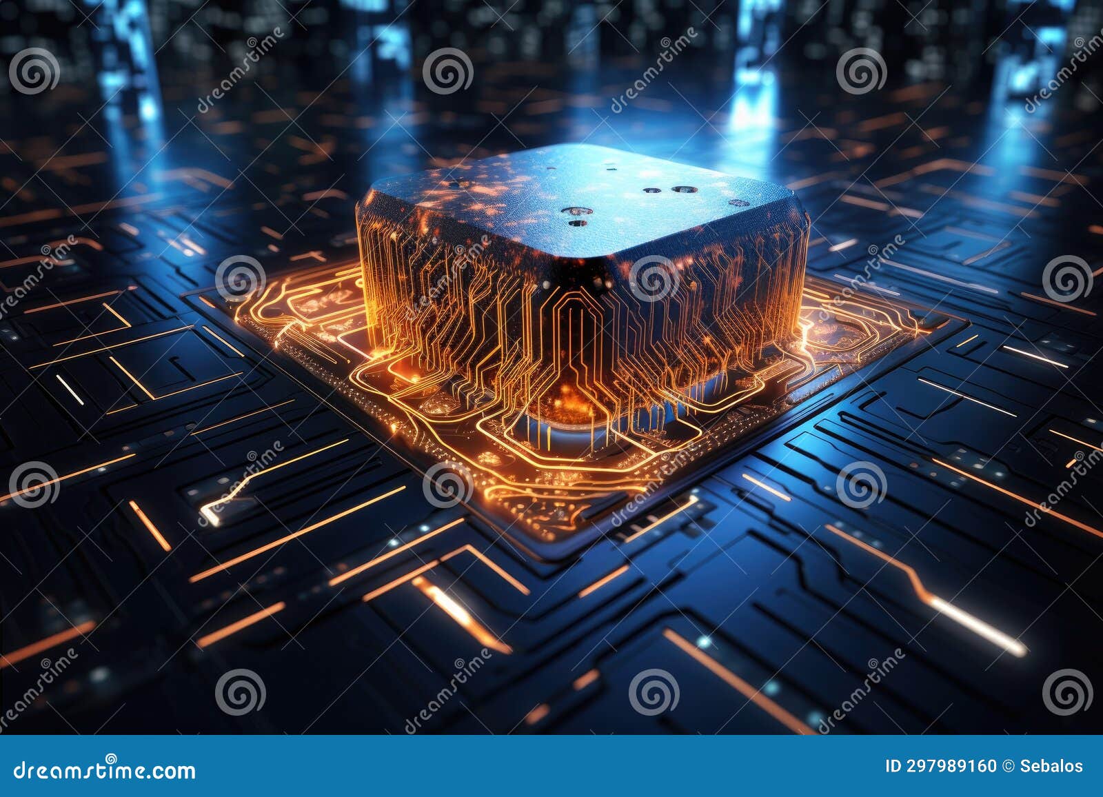 Close-up of a Blue Microchip with Gold Connectors on a Black Circuit ...