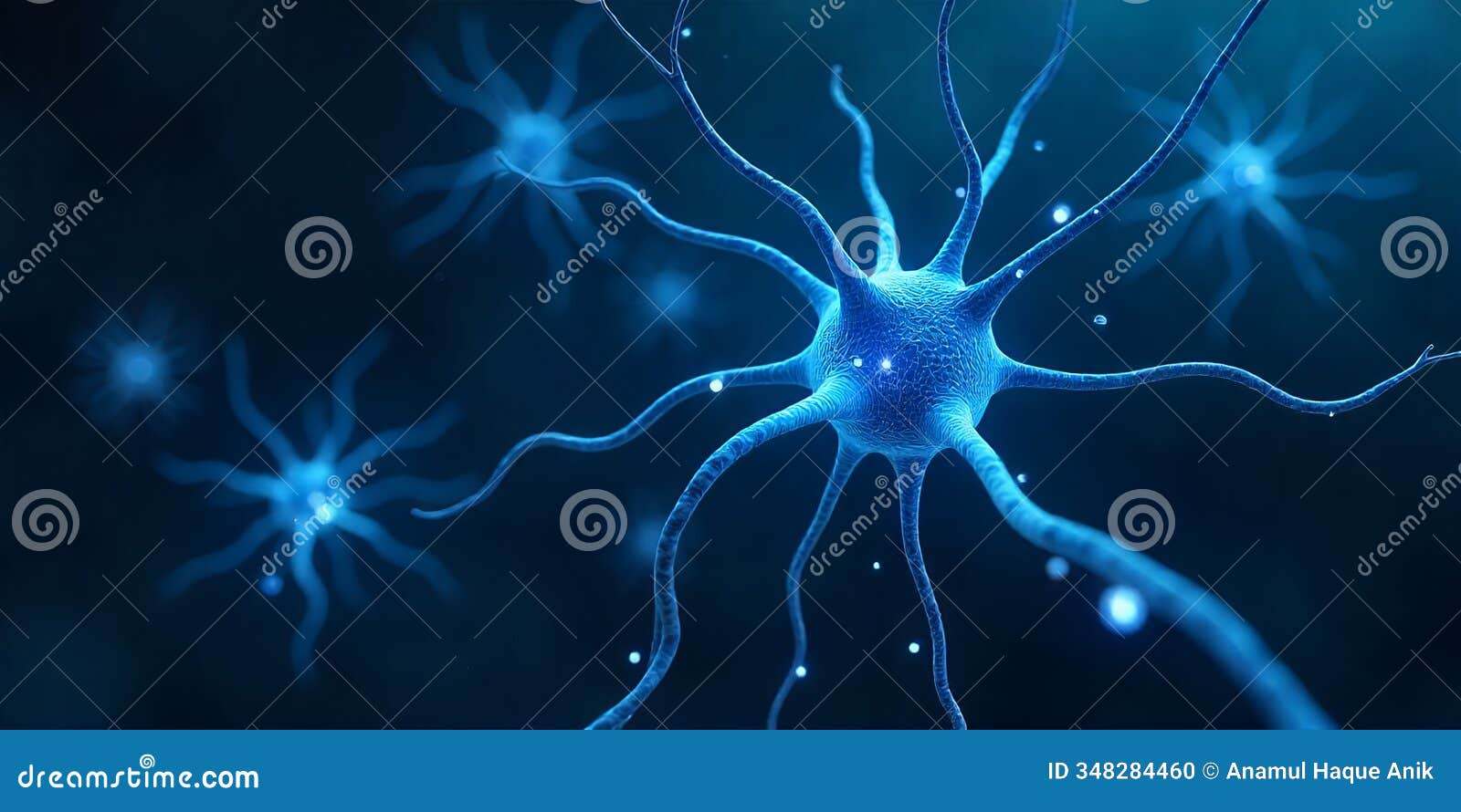 Blue Neuron Cell. Brain Activity And Dendrites. Scientific Cartoon ...