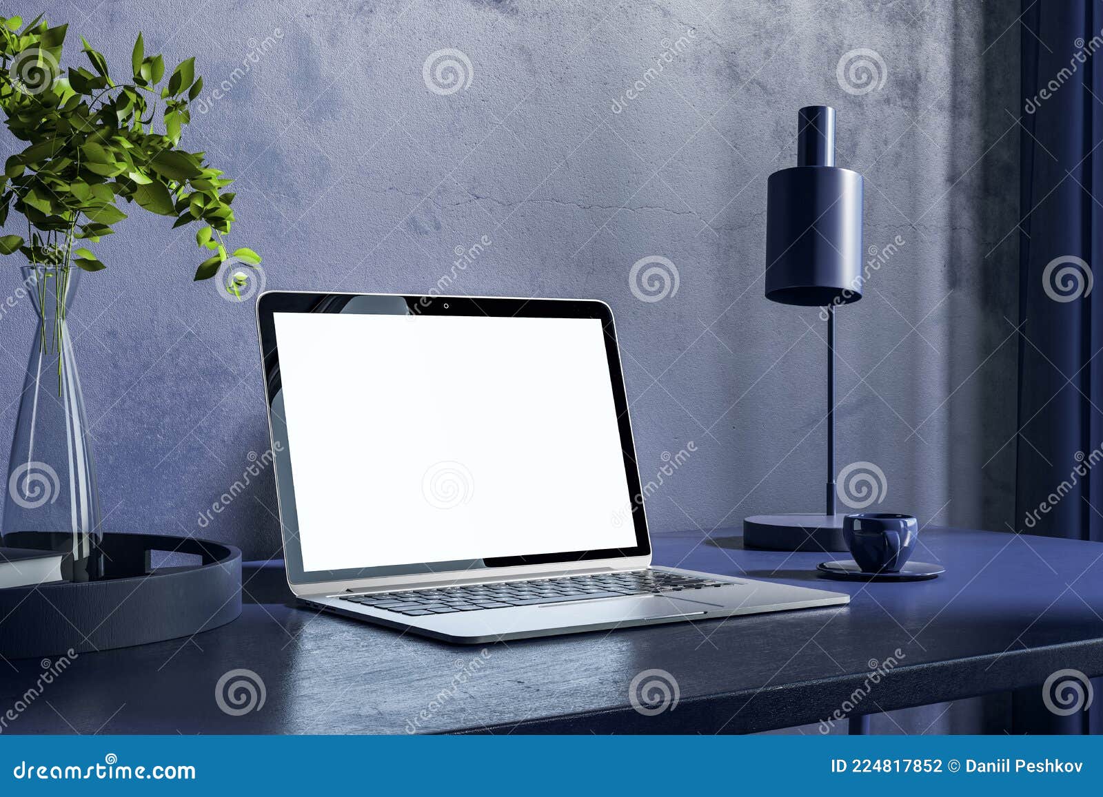Close Up of Blue Office Workplace with Empty Laptop and Other Items ...