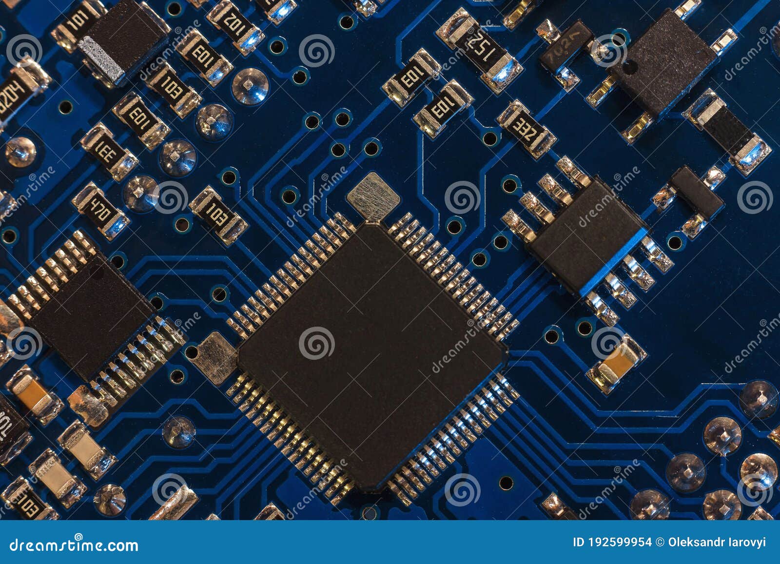 Close-up of a Blue Printed Circuit Board PCB with Stripes of Conductors ...