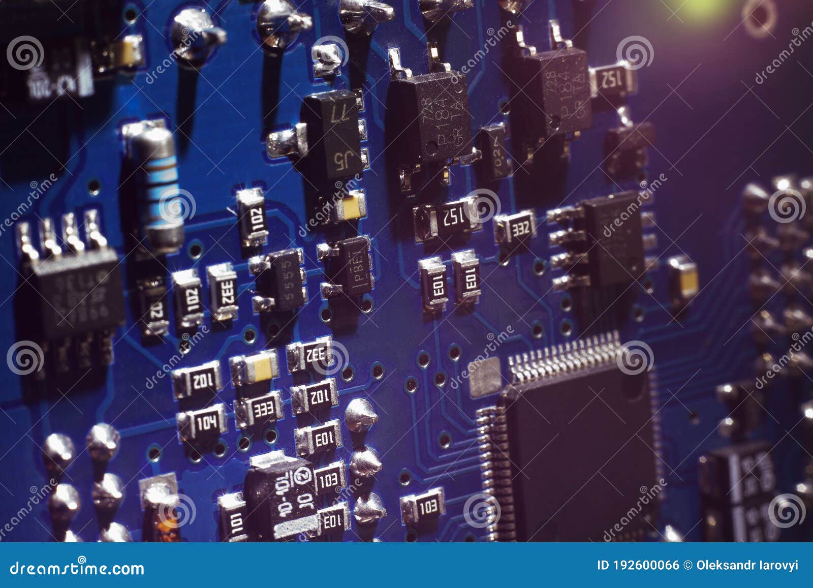 Close-up of a Blue Printed Circuit Board PCB with Stripes of Conductors ...