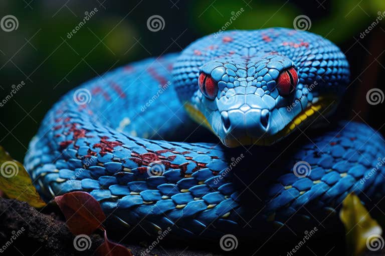 Close-up of a Blue Snake on a Dark Background with Leaves, Blue Pit ...