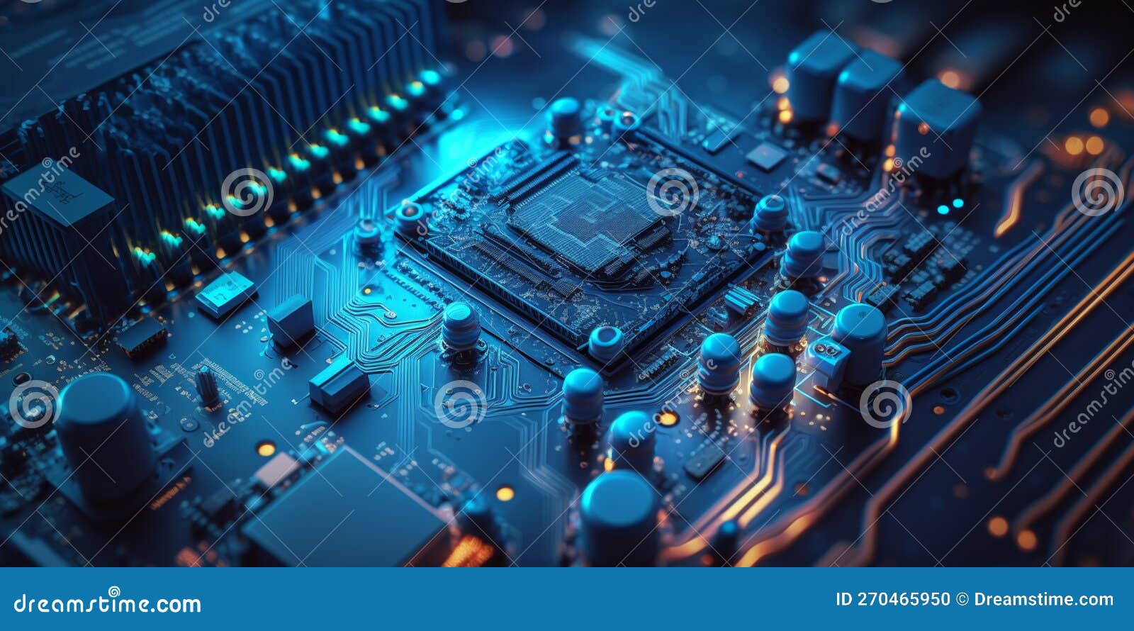 Close-up of Blue-Toned Processor on Motherboard with Bokeh Effect Stock ...