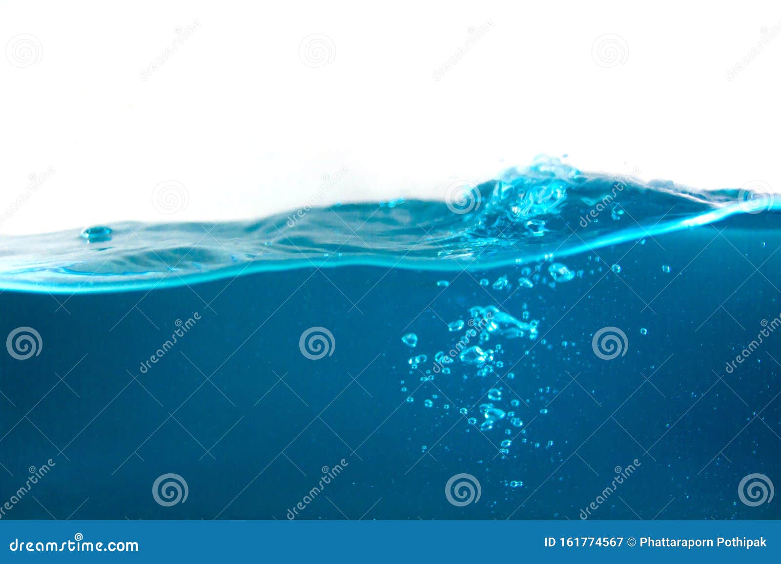 Close-up Blue Water Surface with Blue Bubbles Underwater with White ...