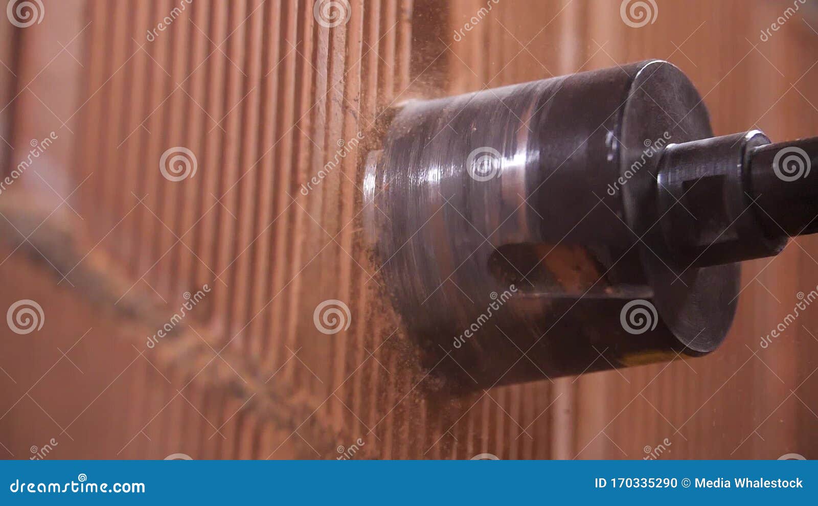 Close Up of Boring Hole Process in Wall for Electric Outlet by Power ...