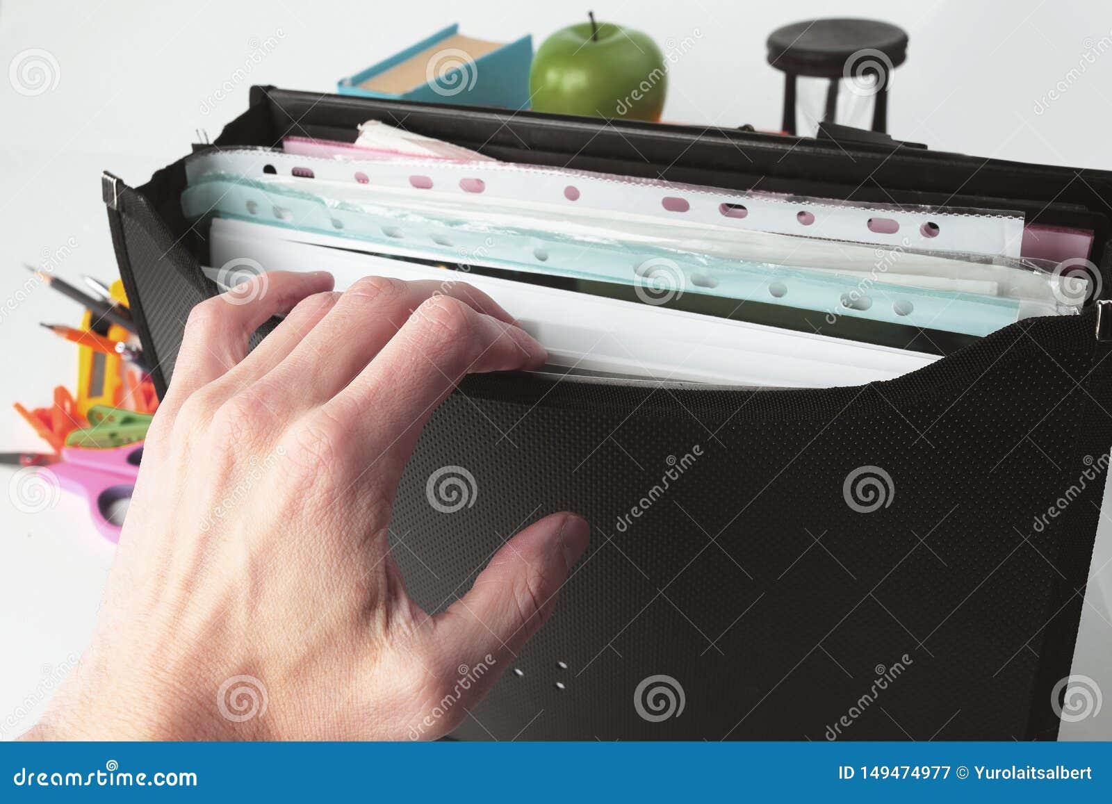 Close Up. Briefcase with File Folders and School Supplies on White ...