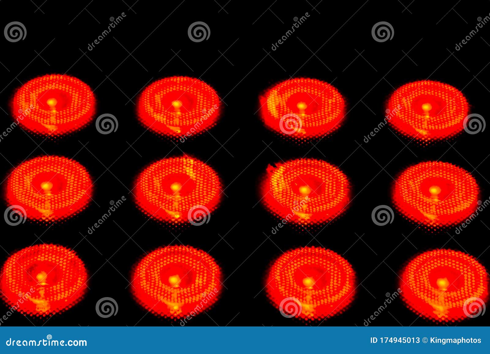 Close Up Bright Red Neon Colored Circular Lights in a Row on a Dark ...