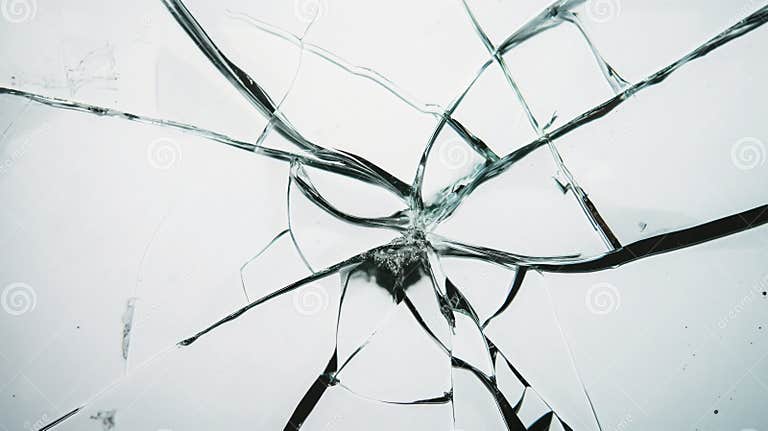 Close-up of Broken Glass with Radiating Cracks on a White Surface. the ...