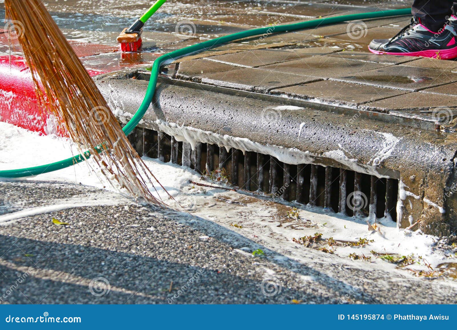 Close Up Broom Worker Cleaning Dirty Footpath Stock Photo - Image of ...