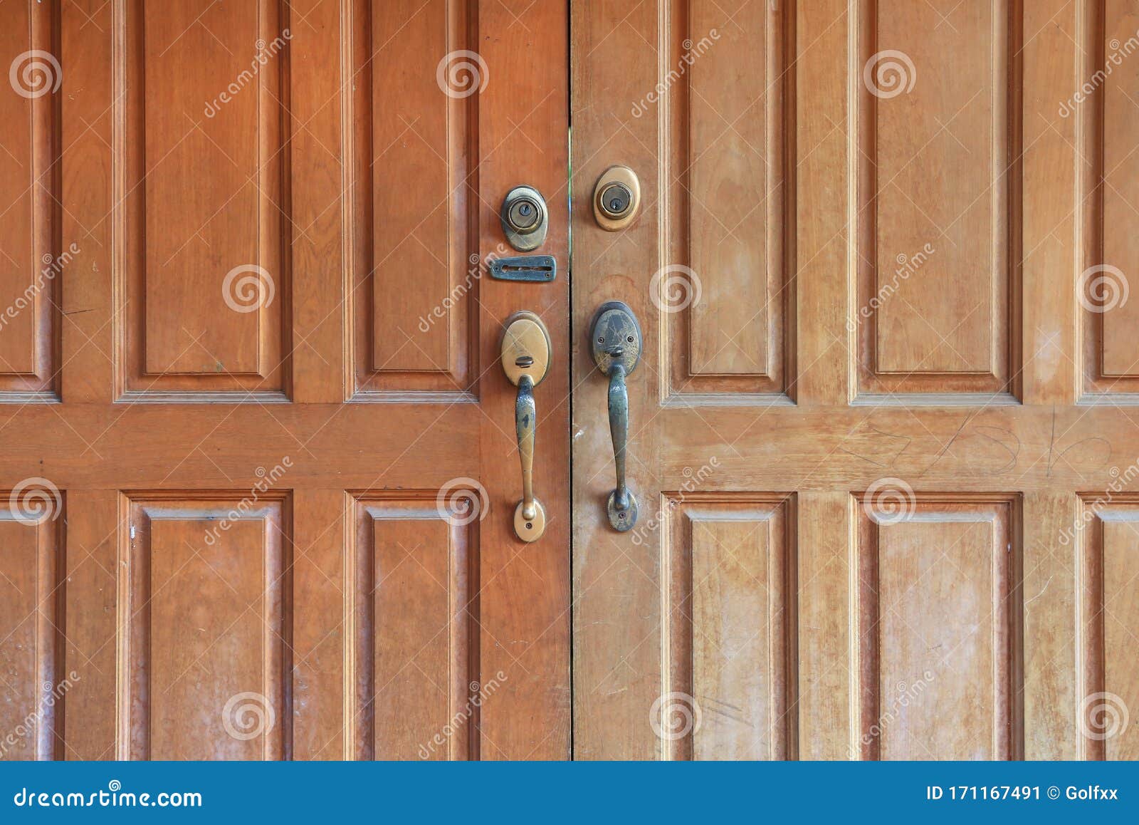 Close Up Brown Wooden Door with Key Lock and Handle Stock Image - Image ...