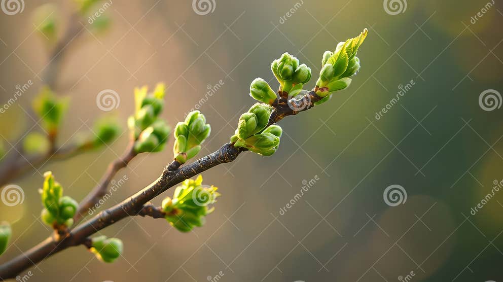 Close-up of a Budding Tree Branch, Showcasing the Tiny Green Buds Stock ...