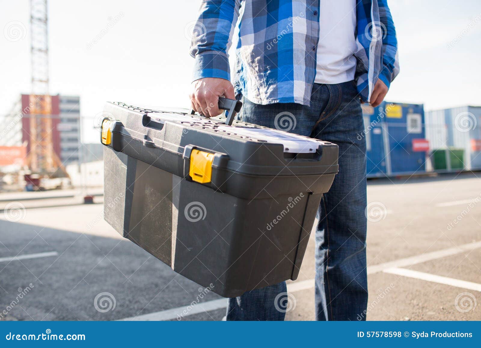 Close Up of Builder Carrying Toolbox Outdoors Stock Photo - Image of ...