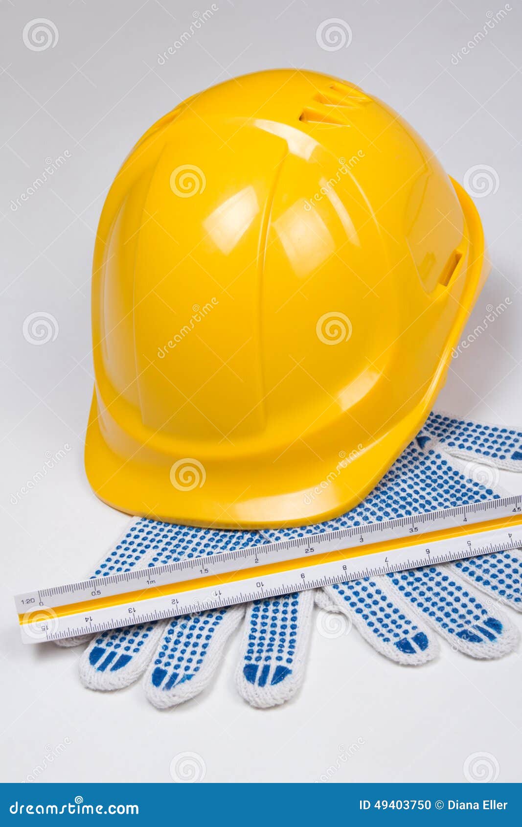 Close Up of Builder S Tools - Helmet, Work Gloves and Ruler Over Stock ...