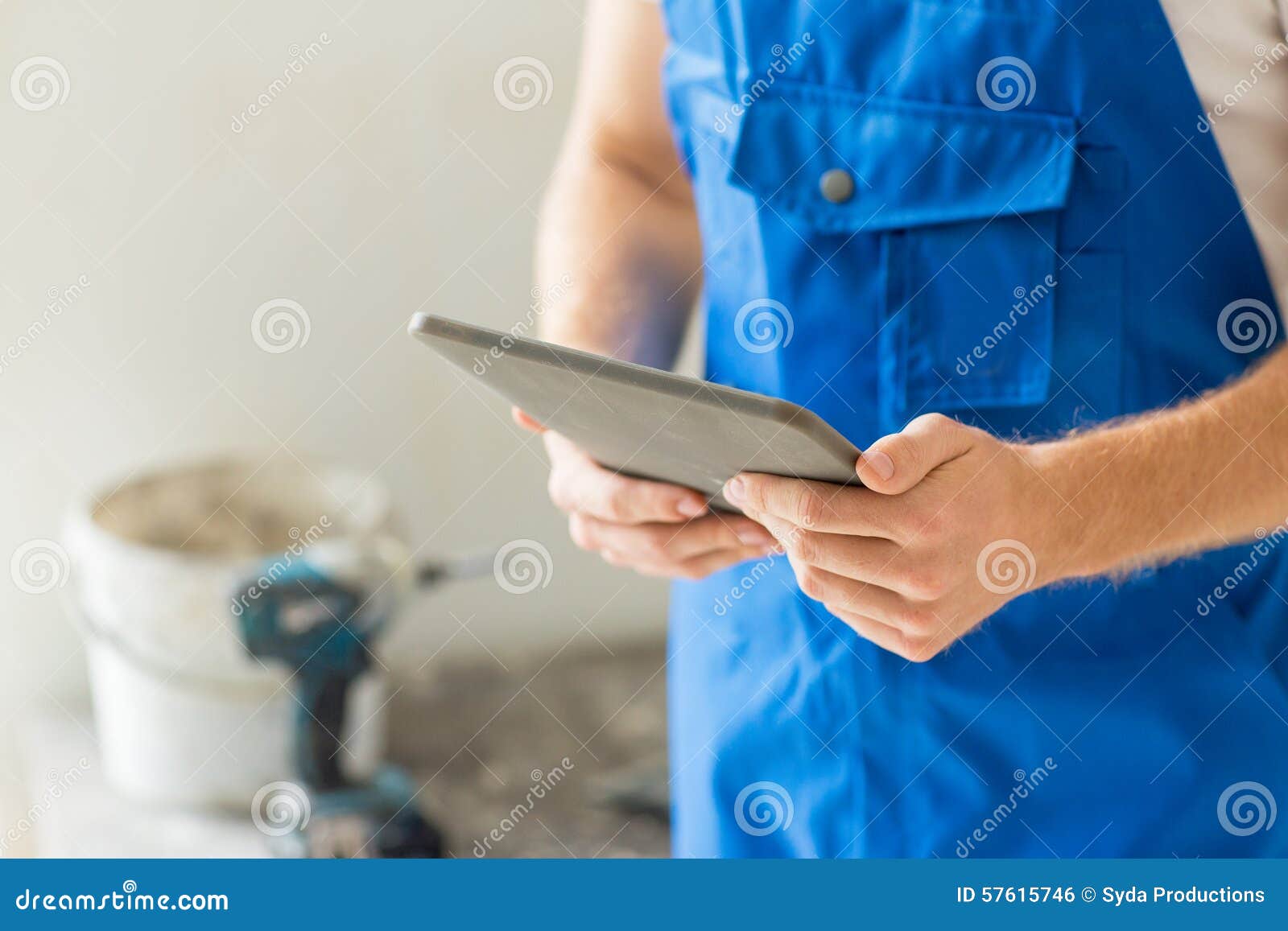 Close Up of Builder or Workman with Tablet Pc Stock Photo - Image of ...