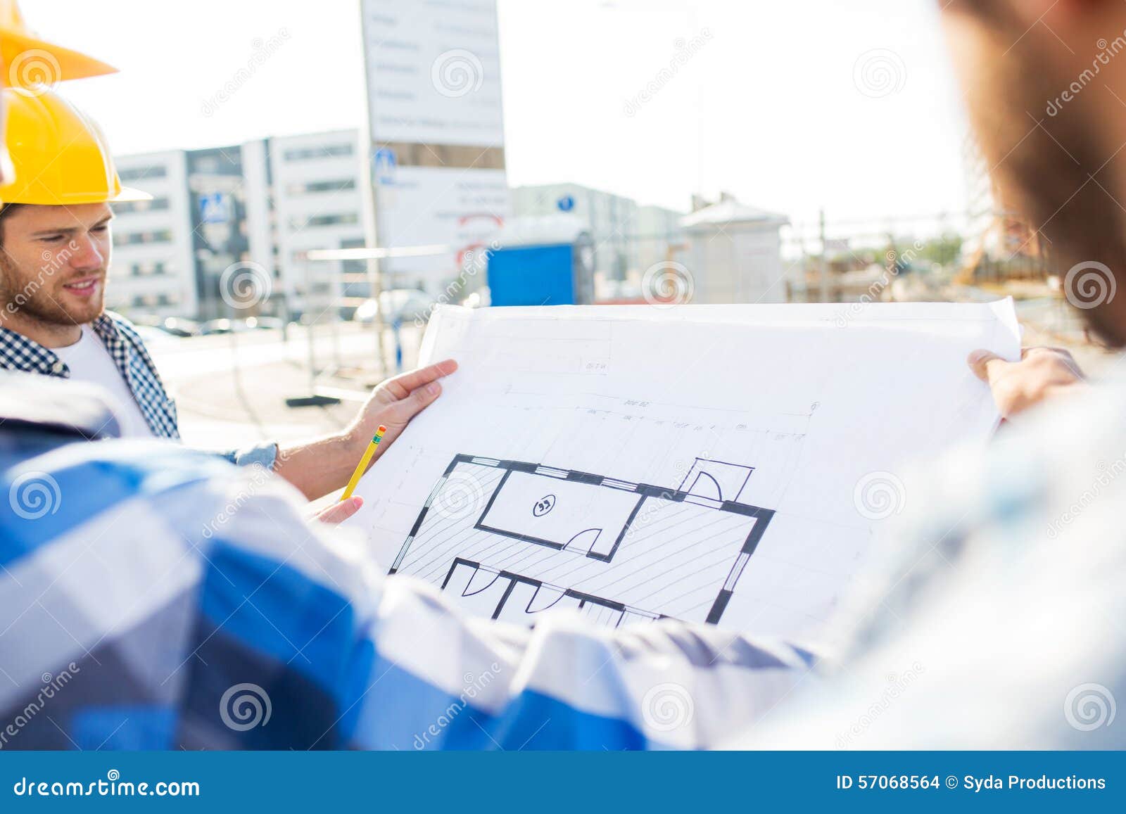 Close Up of Builders with Blueprint at Building Stock Photo - Image of ...